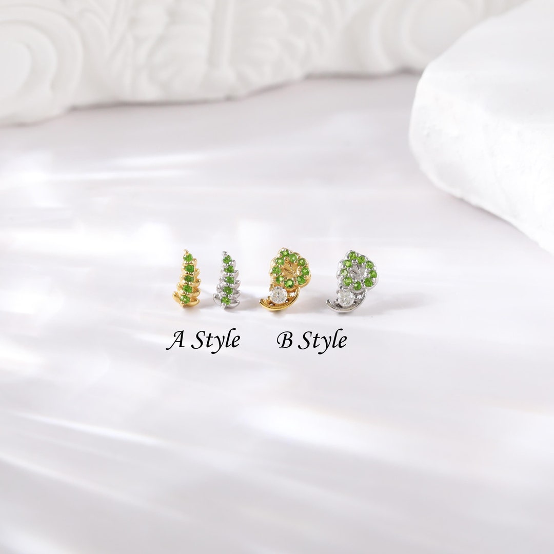 Sterling Silver Diopside Leaf Helix Push Pin • 925 Silver Plant Shaped ...