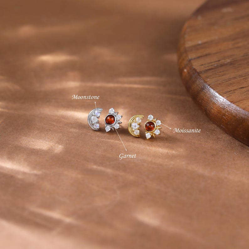 Crescent Moon Moonstone Stud Earring • Celestial Sunburst Garnet ...