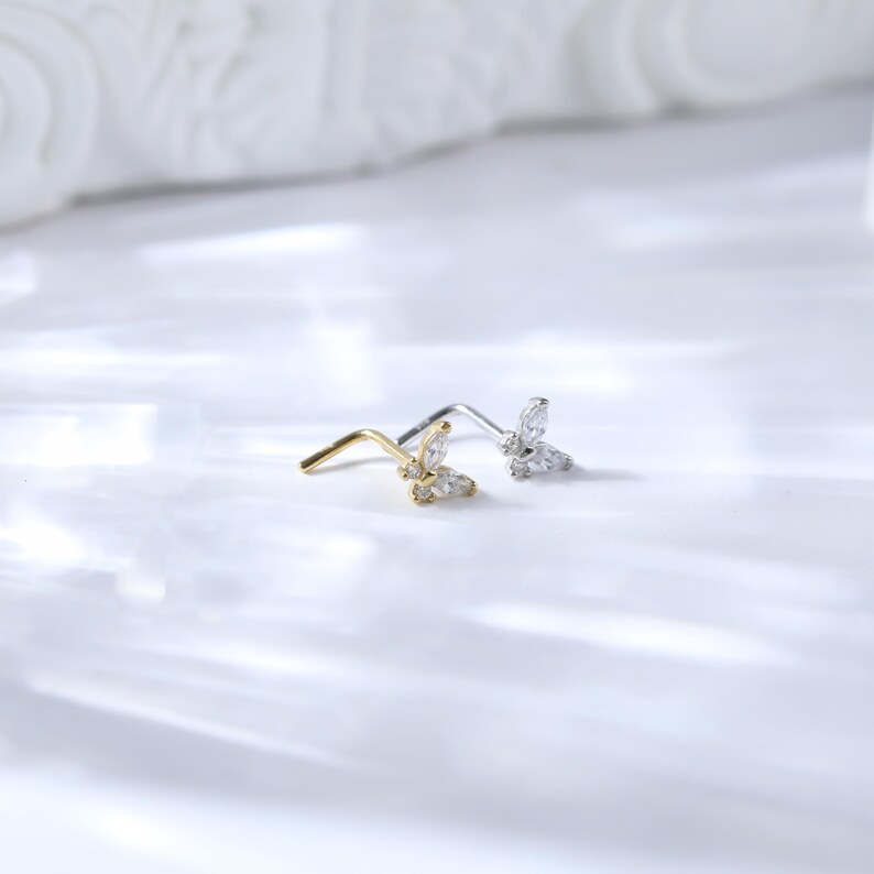 Sterling Silver Butterfly L-shaped Nostril Stud • 14K Gold Plated ...
