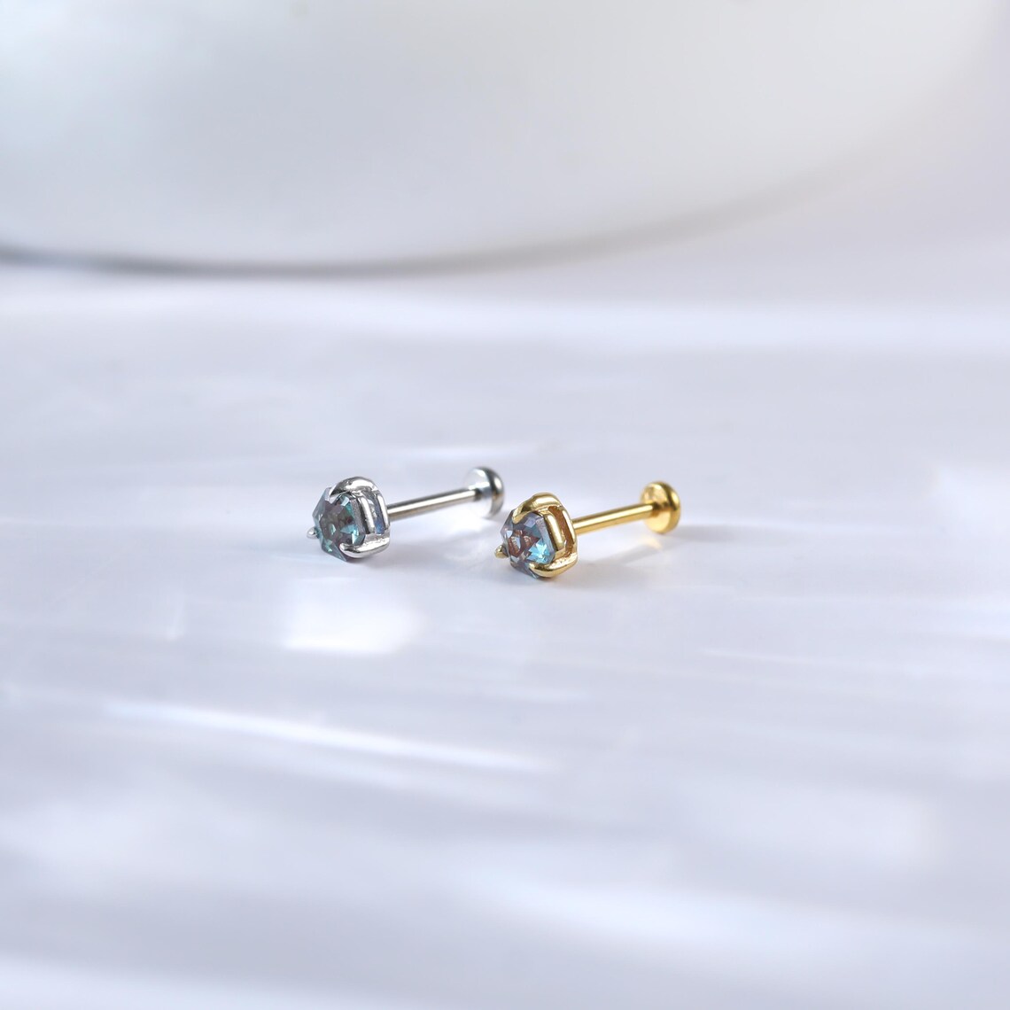 Sterling Silver Hexagon Alexandrite Helix Stud Earring • 14K Gold Three ...