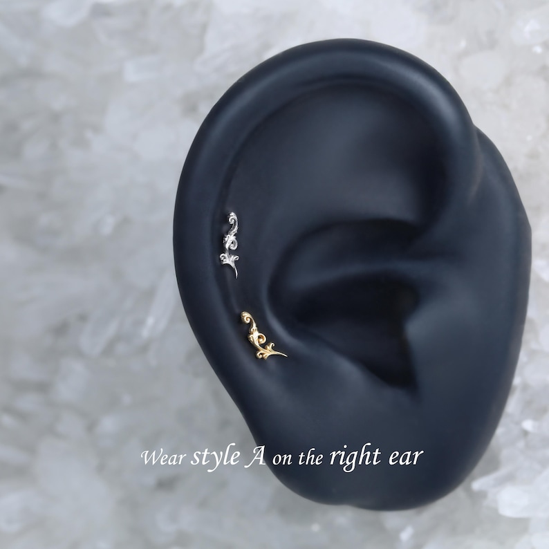 Sterling Silver Vine Leaf Flat Back Earring • 14K Gold Plated Cartilage ...