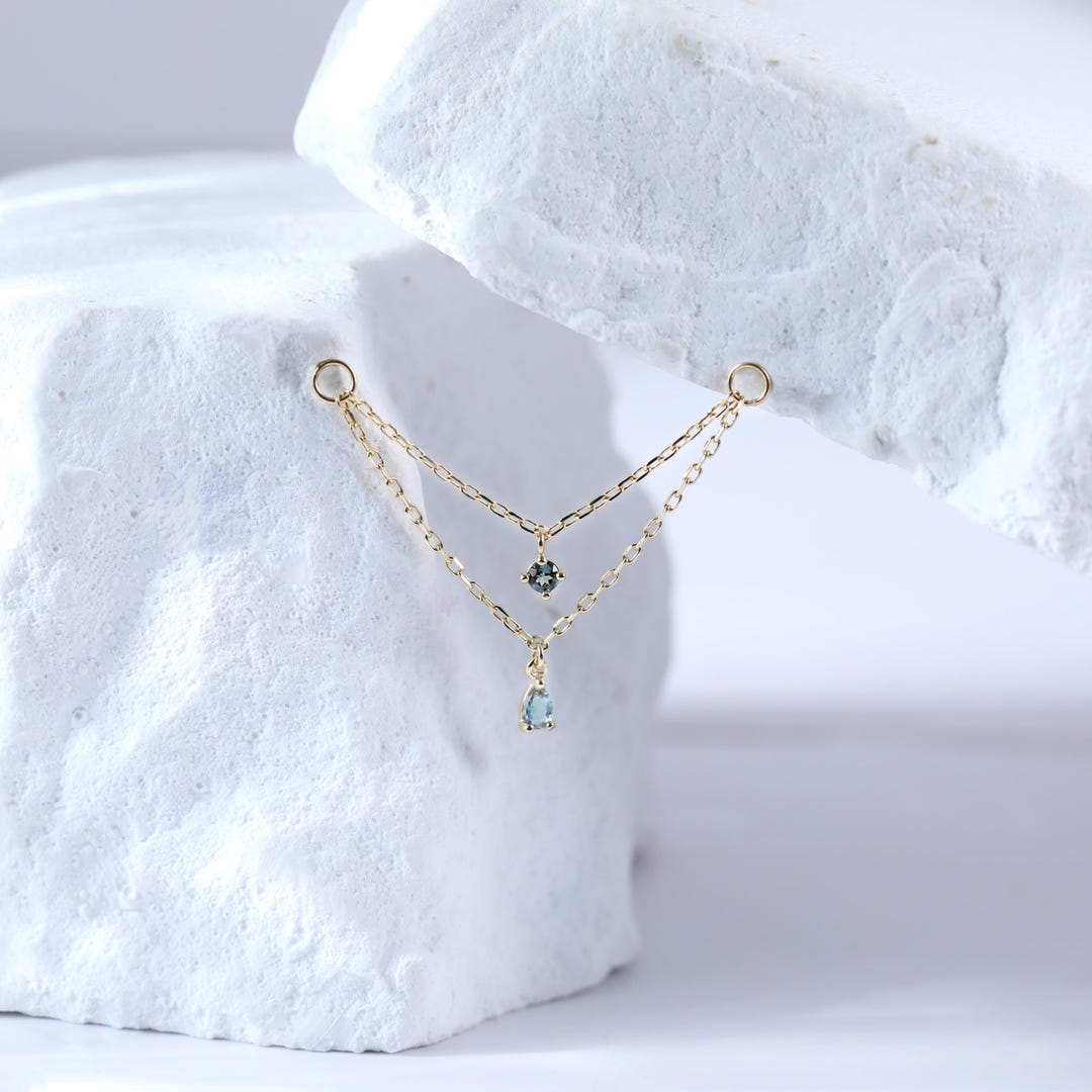 Dangle Alexandrite Conch Wrap Chain • Solid 14K Gold Double Chain Helix ...