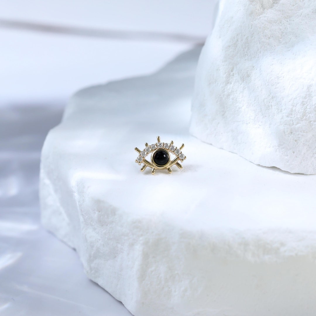 Tiny Evil Eye Shape Black Onyx Threadless Push Pin Stud • Solid 14K ...