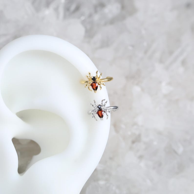 Sterling Silver Garnet Black Spinel Spider Web Cuff Hoop Earring • Gold ...