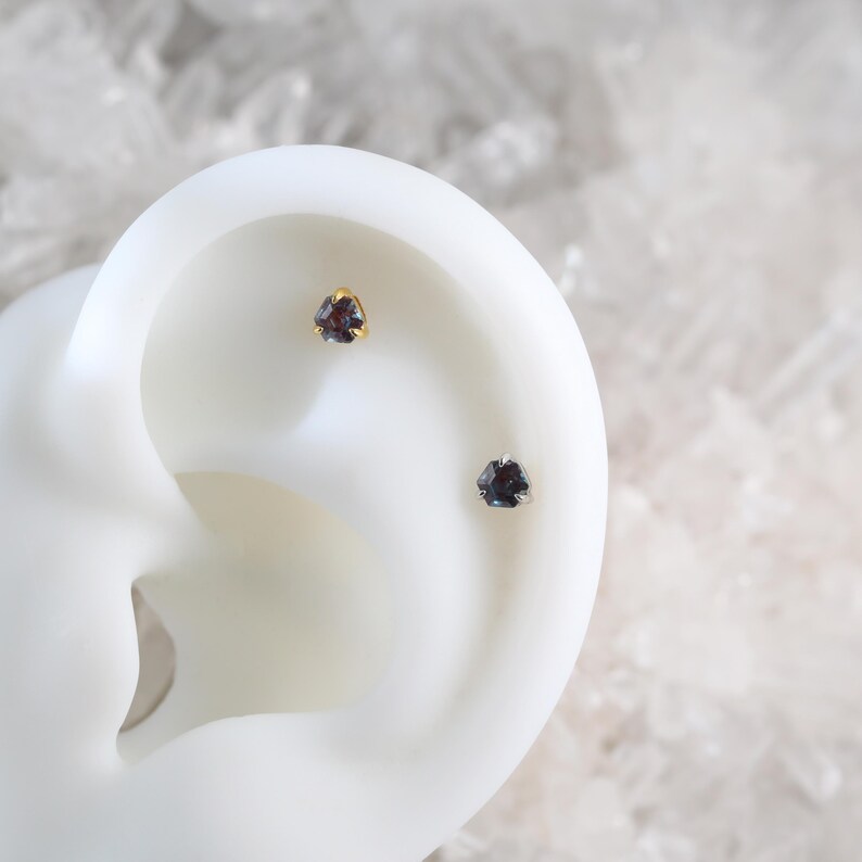 Sterling Silver Hexagon Alexandrite Helix Stud Earring • 14K Gold Three ...