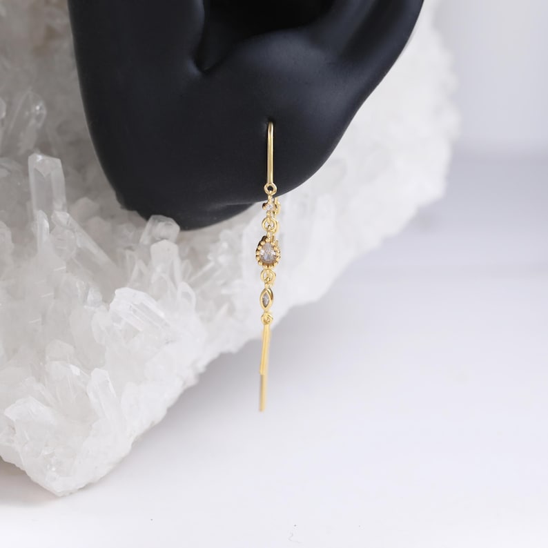 14K Gold Plated Dangle Diamond Chain Threader Earring Clear CZ Lobe ...