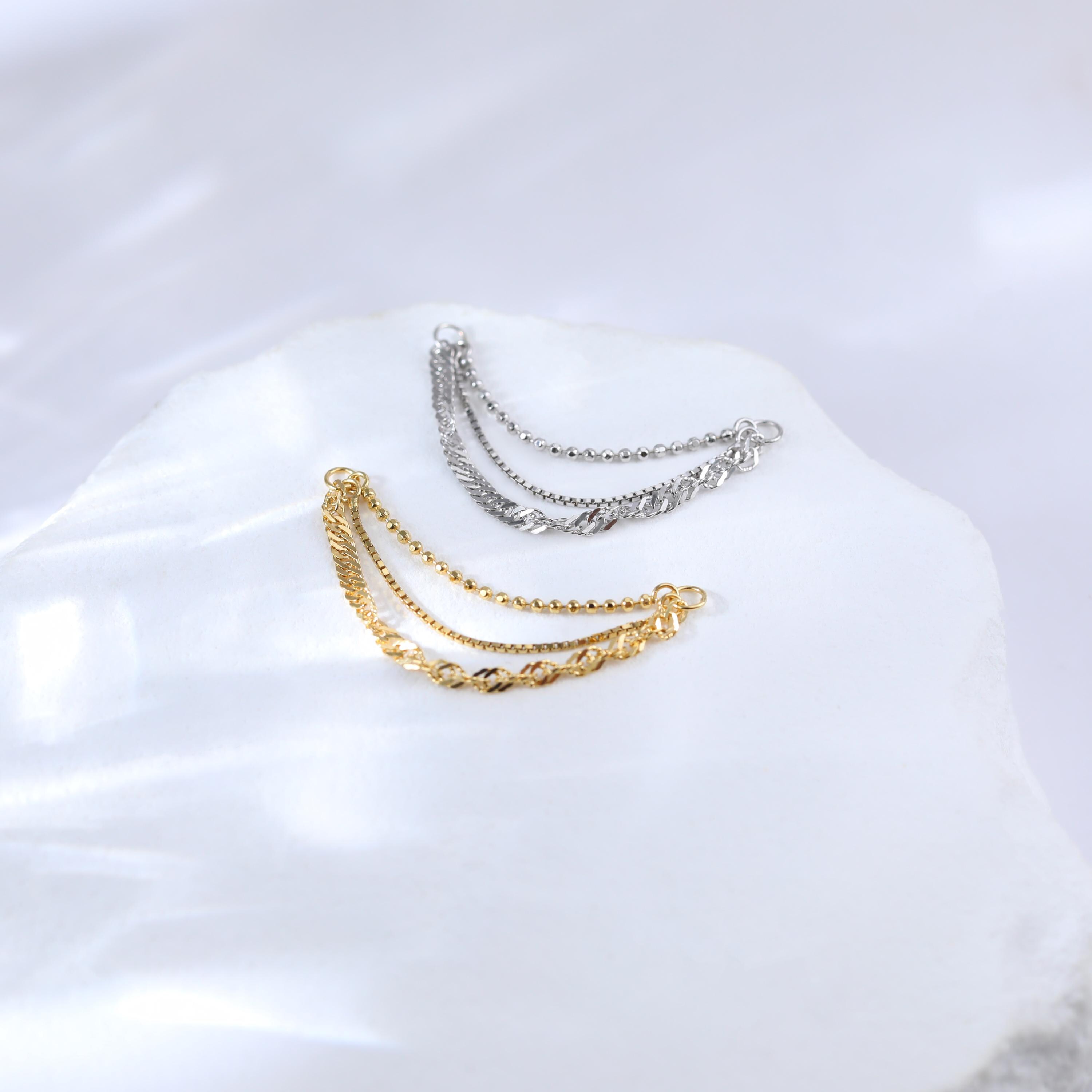 14K Gold Plated Triple Chain Piercing Cartilage Chain, 925 Silver ...