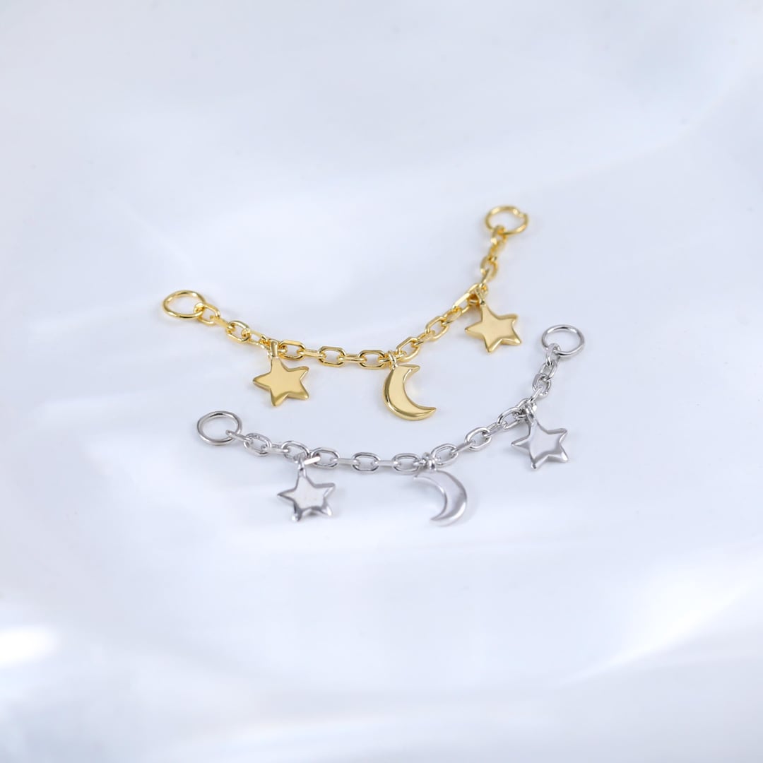 Gold Plated Dangle Moon & Star Cartilage Chain • Sterling Silver Conch ...