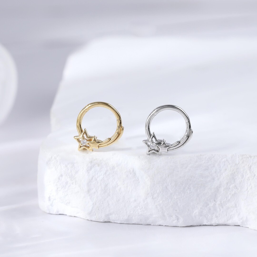 Sterling Silver Meteor Gemstone Daith Clicker • 925 Silver Star Conch ...