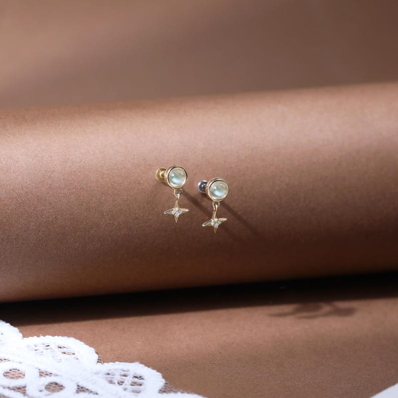 Sterling Silver Rainbow Moonstone With Moissanite Star Shaped Push Pin ...
