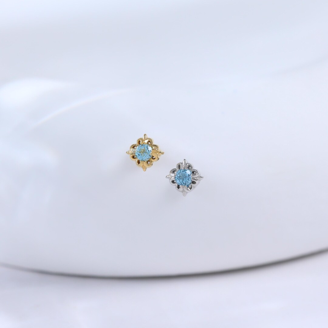 Swiss Blue Topaz Floral Helix Nose Stud Earring • Dainty Blue Gemstone ...