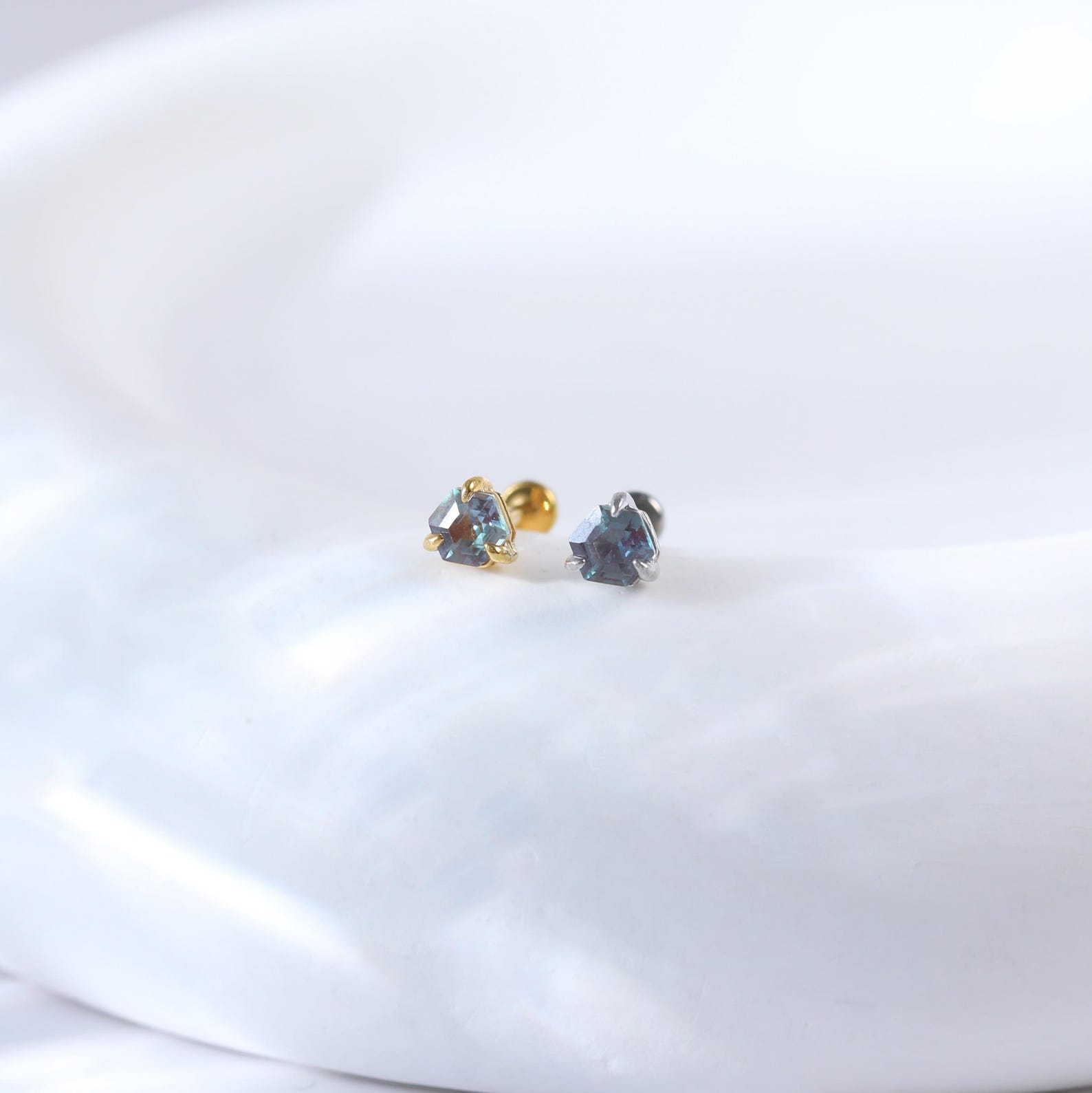Sterling Silver Hexagon Alexandrite Helix Stud Earring • 14K Gold Three ...