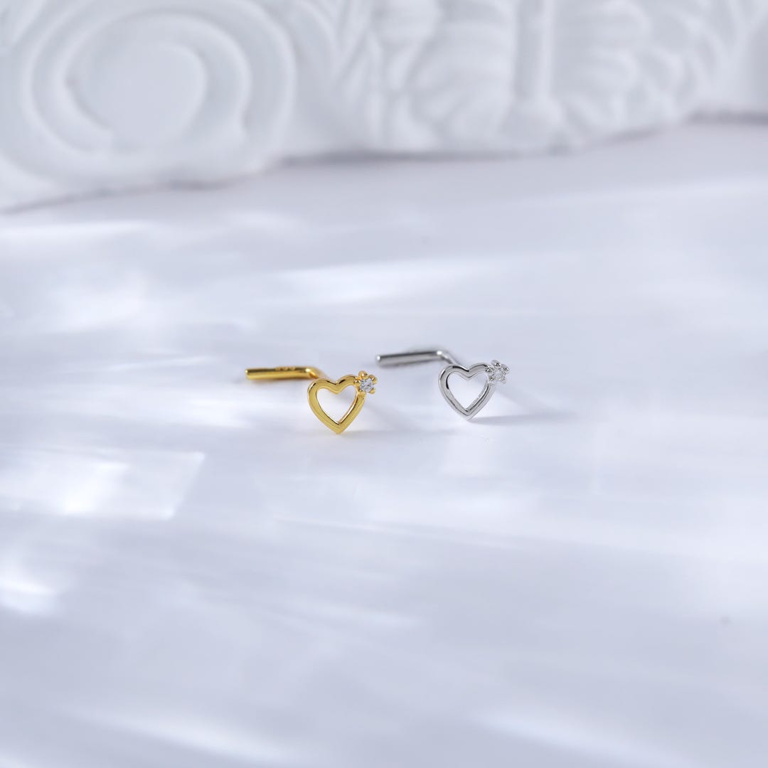 Sterling Silver Heart Shaped Nose Stud • Real Gold Plated Diamond Heart ...