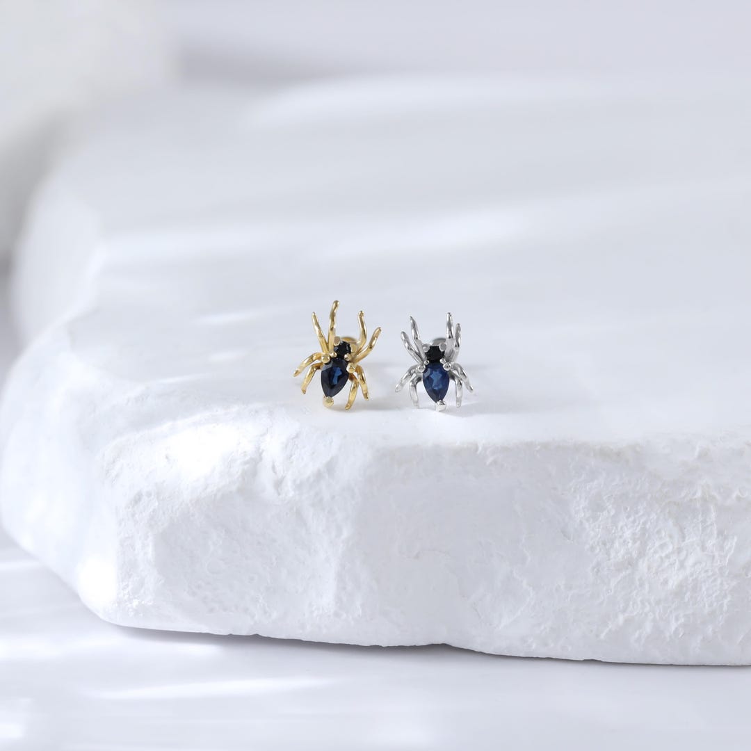 925 Silver Spider Sapphire With Black Onyx Stud • 14K Gold Gemstone ...