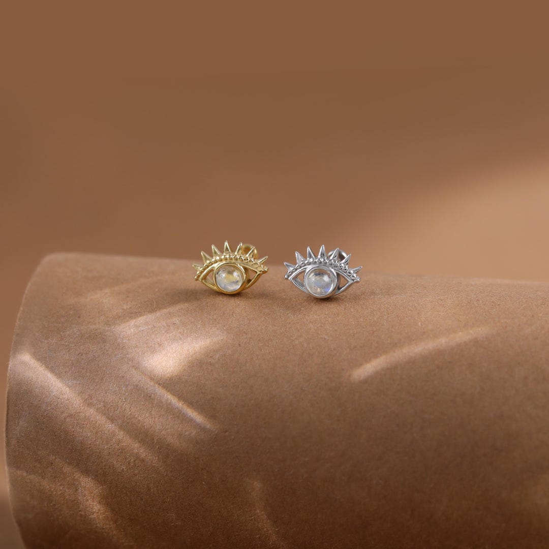 14K Gold Moonstone Eye Threadless Push Pin • Sterling Silver Conch ...