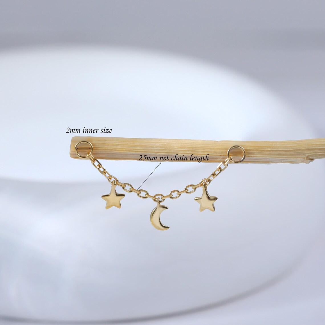 Gold Plated Dangle Moon & Star Cartilage Chain • Sterling Silver Conch ...