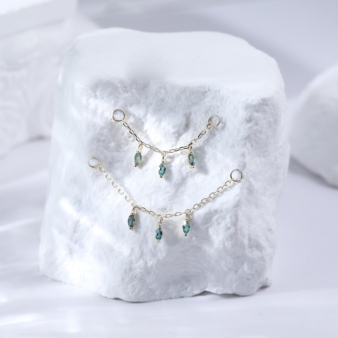 Dangle Marquise Alexandrite Chain • Solid 14K Gold Gemstone Helix Conch ...