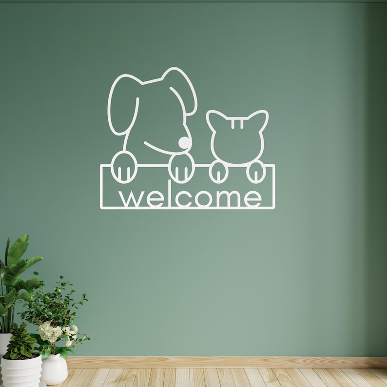 Dog and Cat Metal Sign, Welcome Text Steel Sculpture, Front Door ...