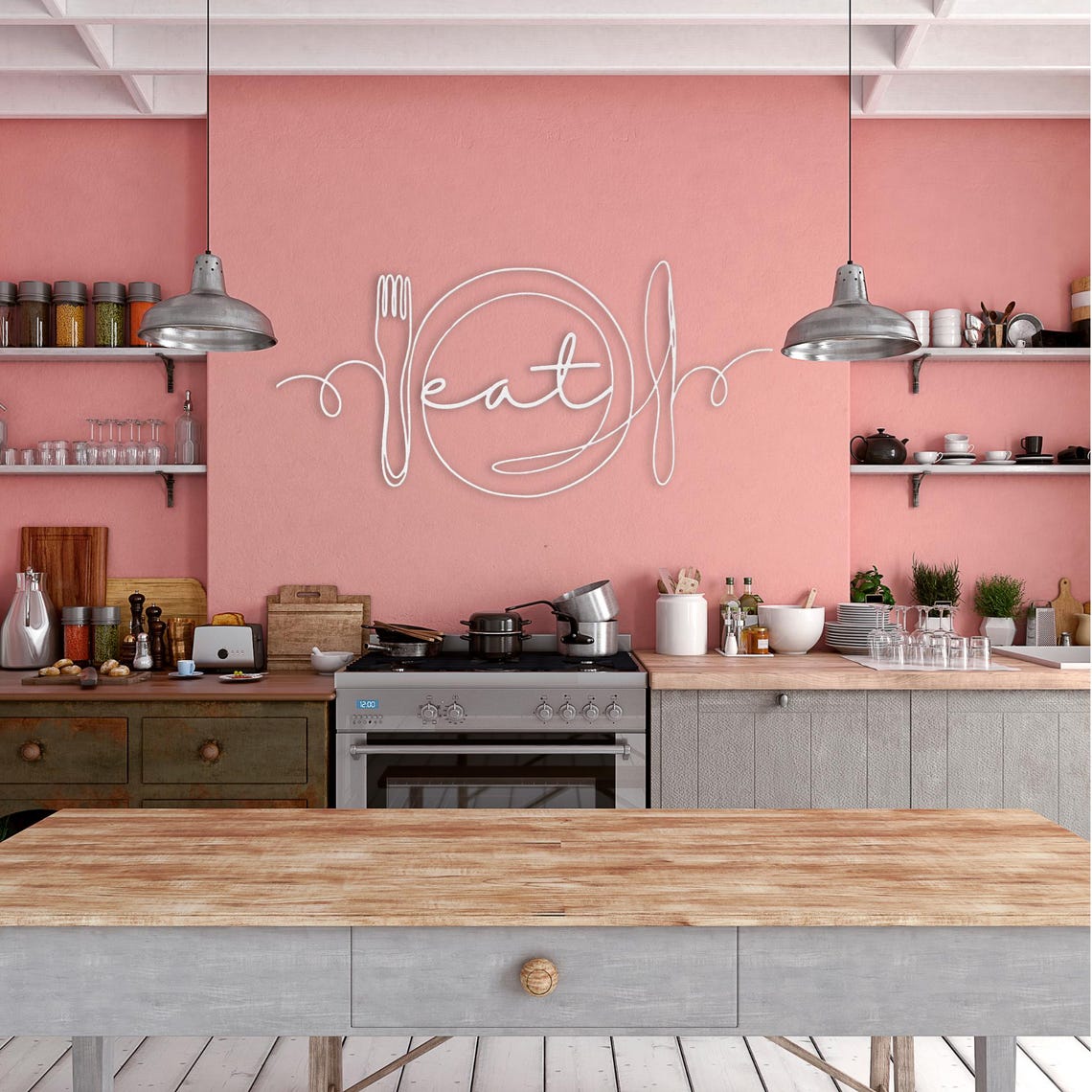 Eat Script Font Metal Artwork, Fork Knife Plate Steel Sign, Kitchen ...