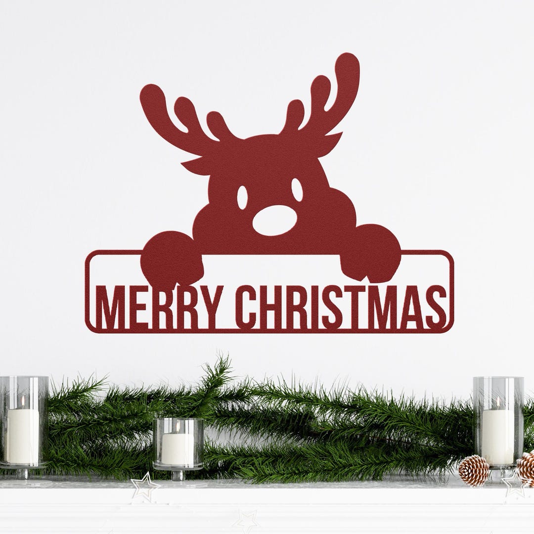 Merry Christmas Text Metal Sign, Holiday Metal Sign, Reindeer Steel ...