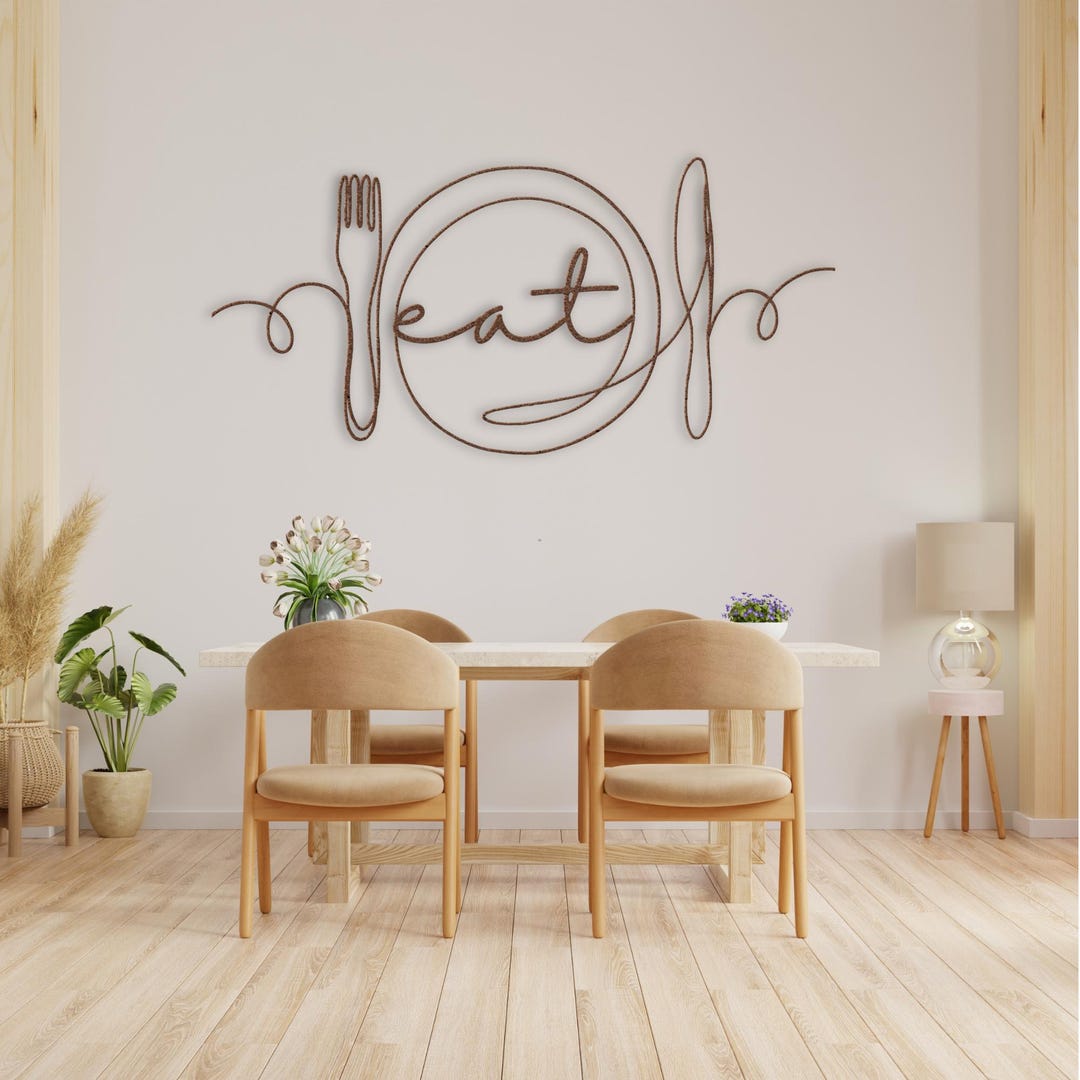 Eat Script Font Metal Artwork, Fork Knife Plate Steel Sign, Kitchen ...