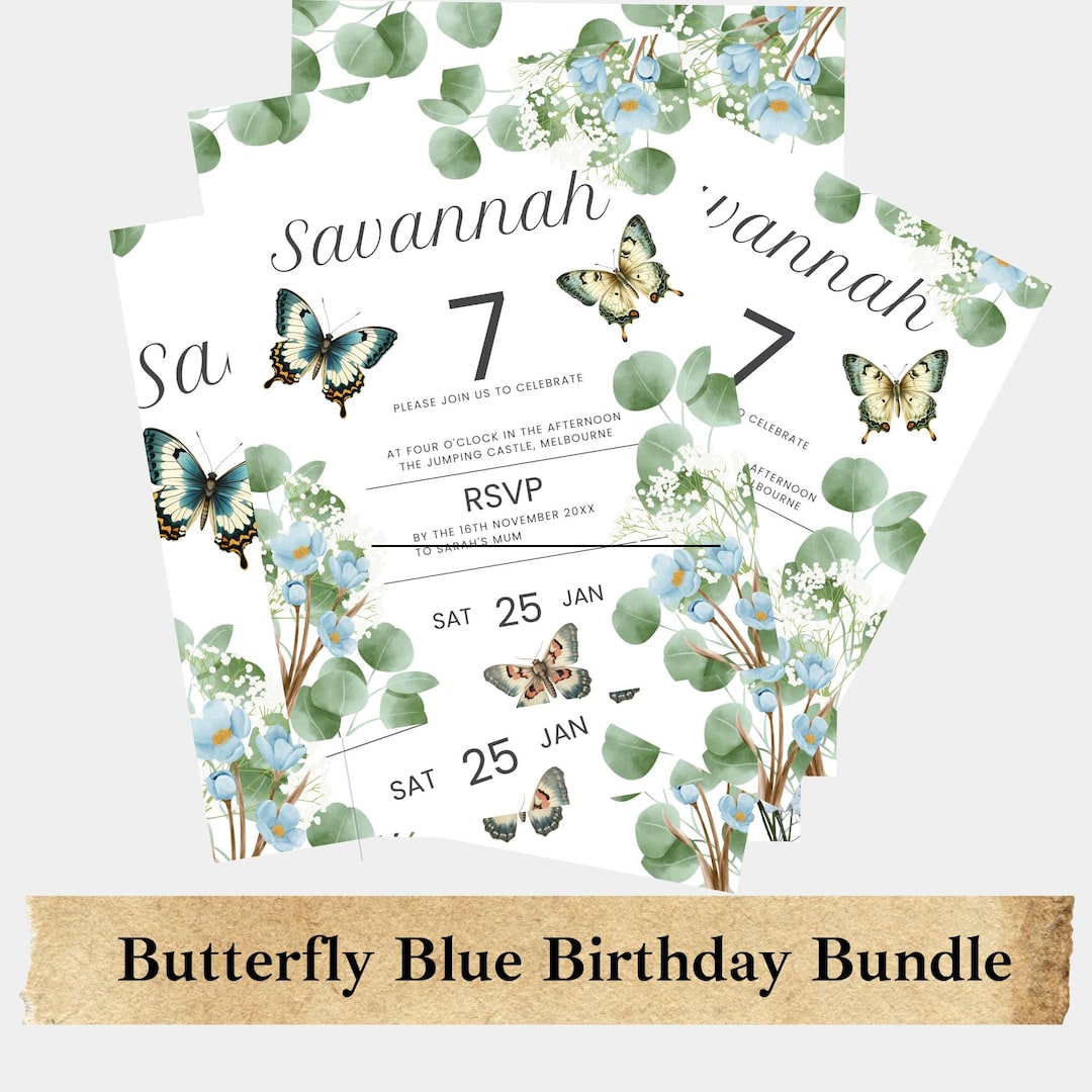 Whimsical Blue Butterfly Party and Decor Bundle, Editable and Printable ...