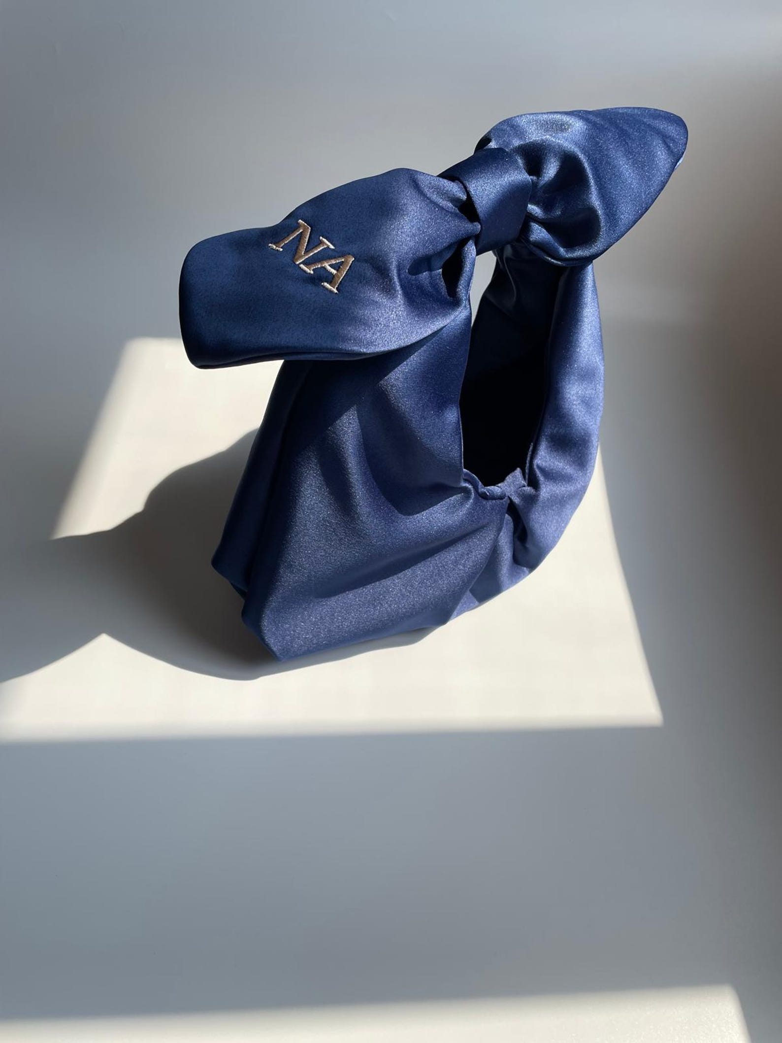 Personalized Navy Blue Satin Handbag With Bow, Designer Bag With Ribbon ...