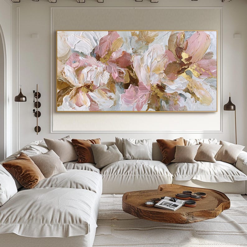 3D Original Pink Abstract Textured Gold Foil Oil Painting on Large ...
