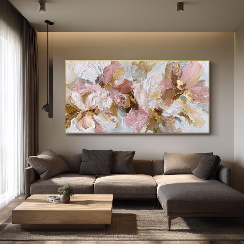 3D Original Pink Abstract Textured Gold Foil Oil Painting on Large ...