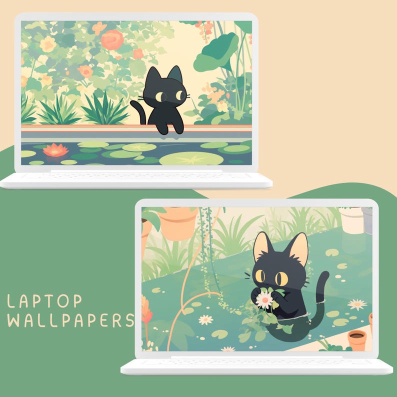 Kawaii Black Cat Wallpaper: Matcha Green Anime Art (digital Download ...