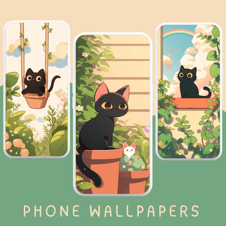 Kawaii Black Cat Wallpaper: Matcha Green Anime Art (digital Download ...