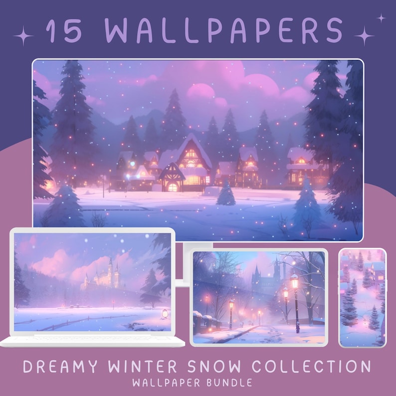Snowy Village Winter Wallpaper: Christmas Cozy Purple Desktop & Phone ...