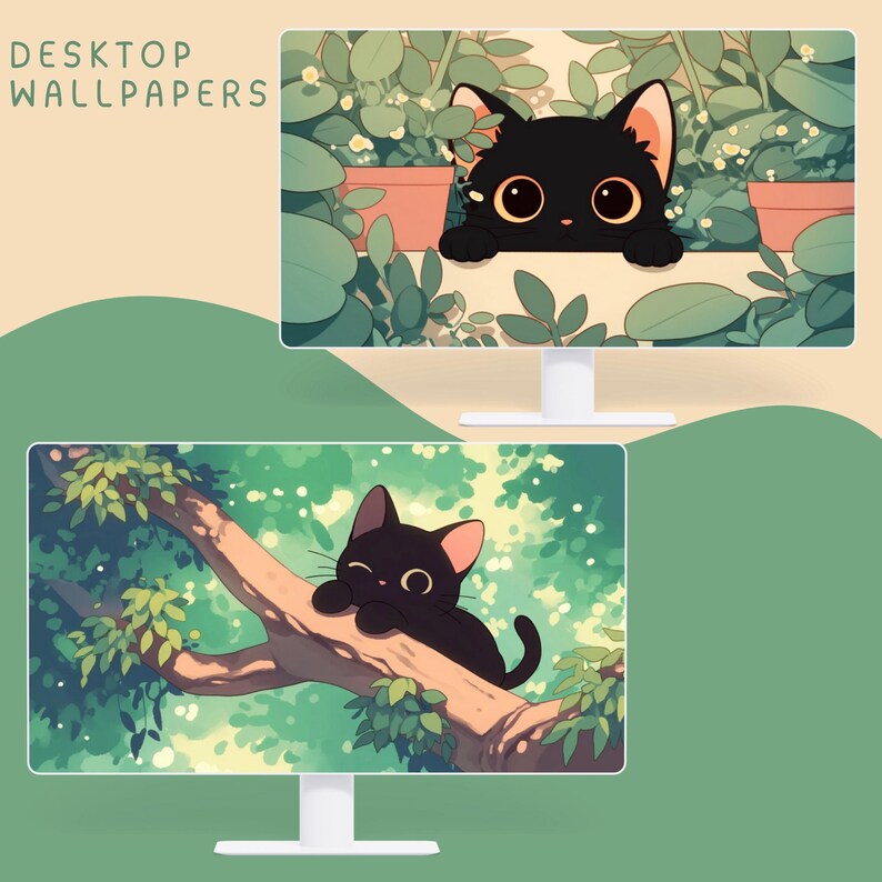 Kawaii Black Cat Wallpaper: Matcha Green Anime Art (digital Download ...