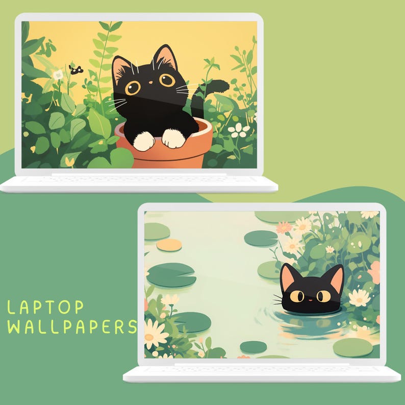 Kawaii Black Cat Wallpaper Bundle: Matcha Green Anime Art (digital ...