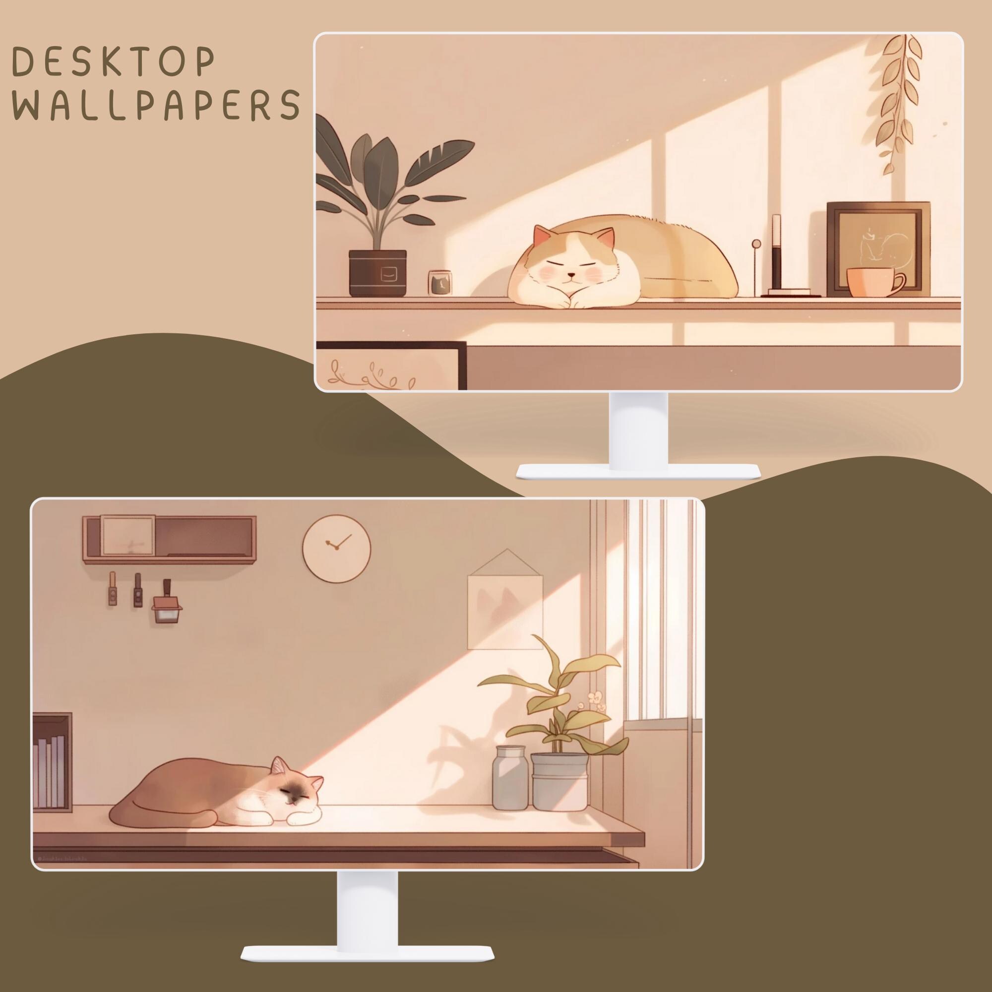Spring Cozy Cat Wallpaper, Minimalist Neutral Desktop Background ...