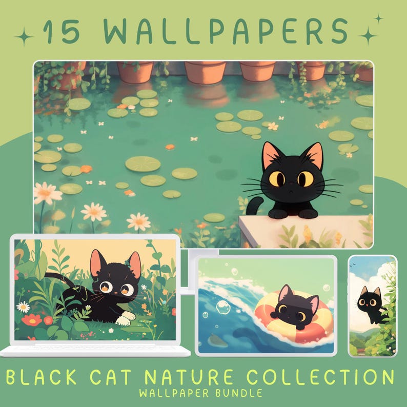 Kawaii Black Cat Wallpaper Bundle: Matcha Green Anime Art (digital ...