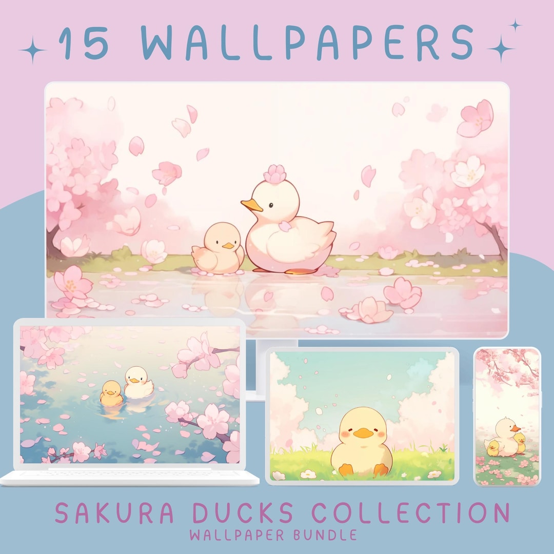 Sakura Ducks Wallpaper Set: Kawaii Anime Computer Background (digital ...
