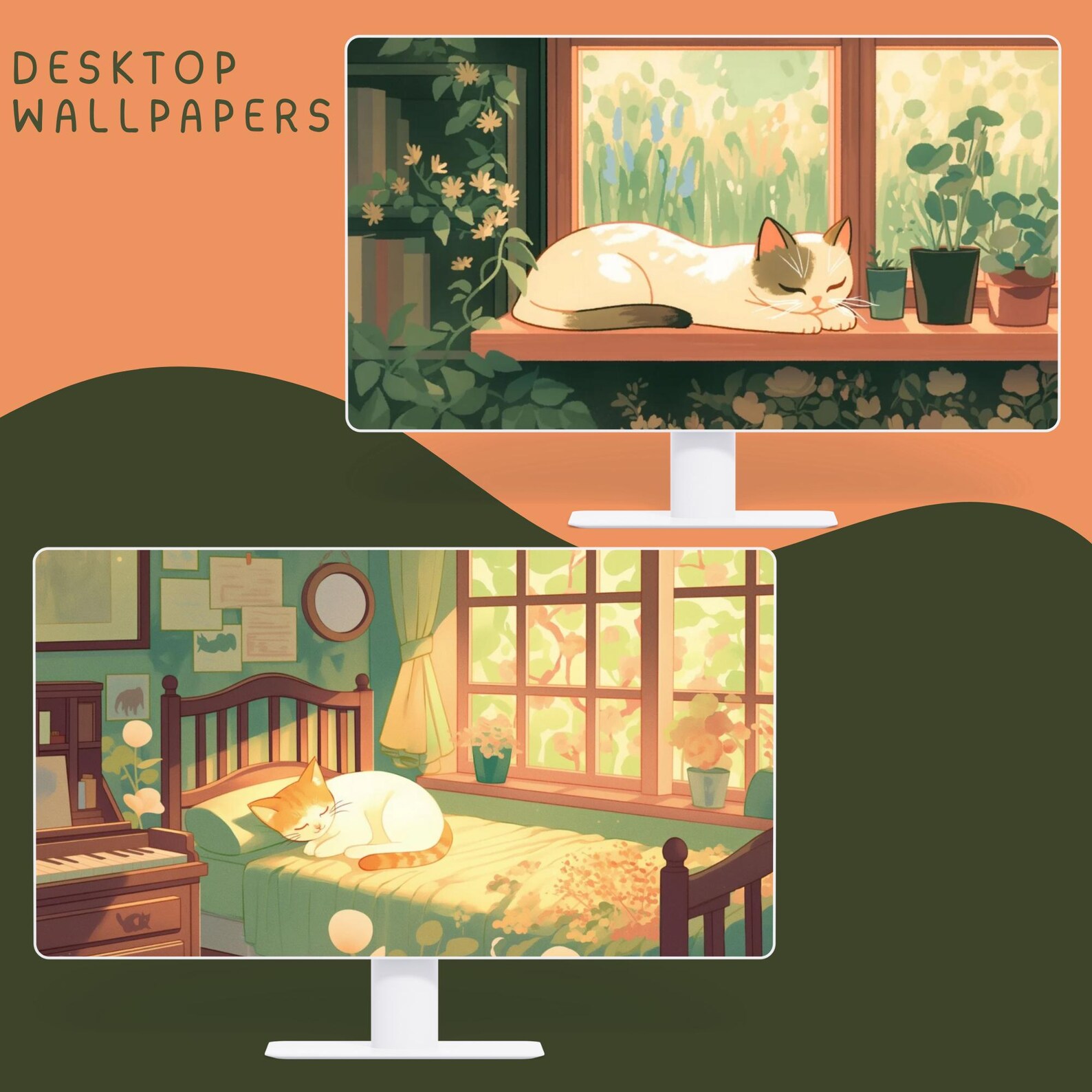 Wildflower Boho Cat Wallpaper Boho Green Desktop Background Kawaii ...