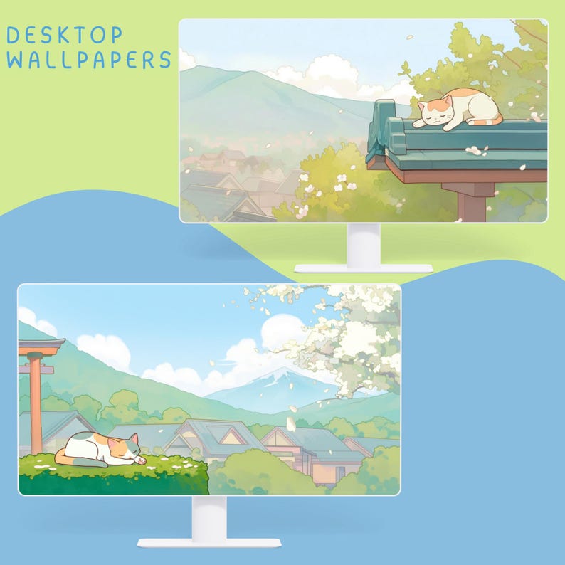 Sakura Cat Wallpaper: Japanese City Desktop Background (digital ...