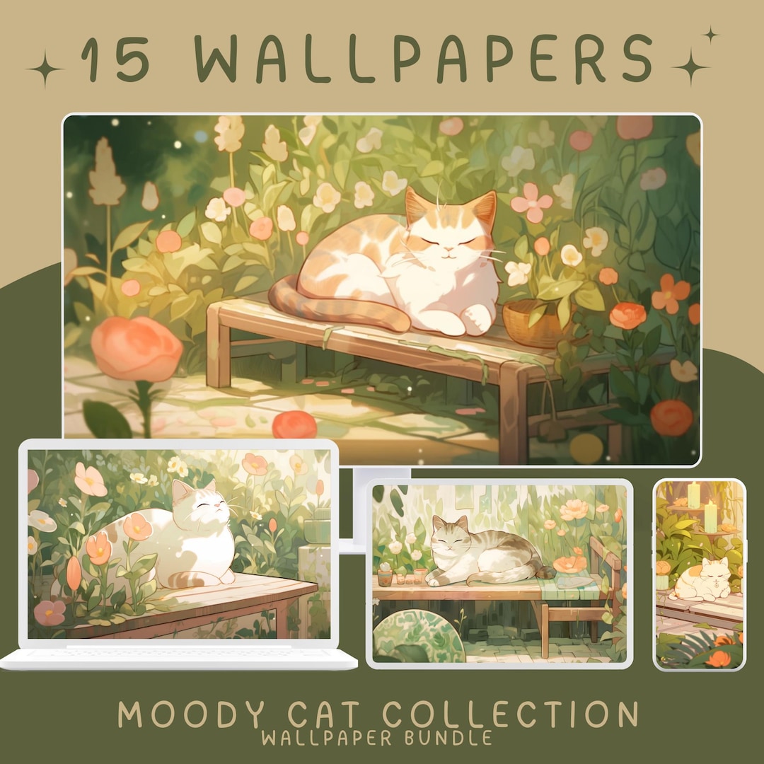 Boho Wildflower Cat Wallpaper Matcha Green Desktop Wallpaper Watercolor ...