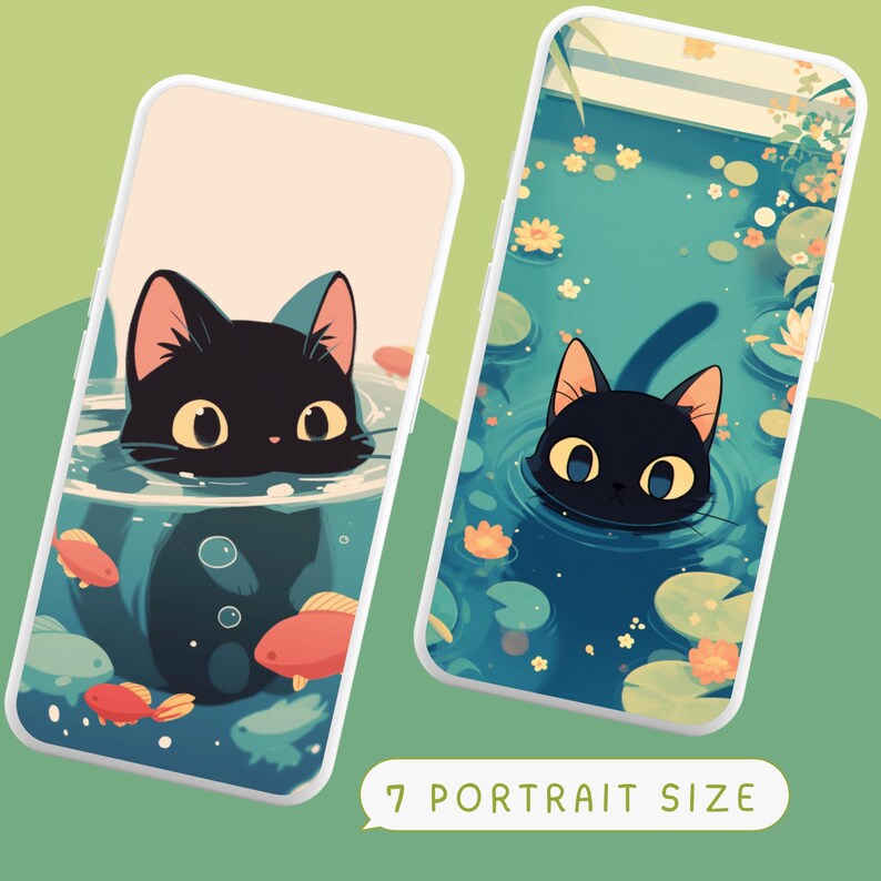 Kawaii Black Cat Wallpaper Bundle: Matcha Green Anime Art (digital ...