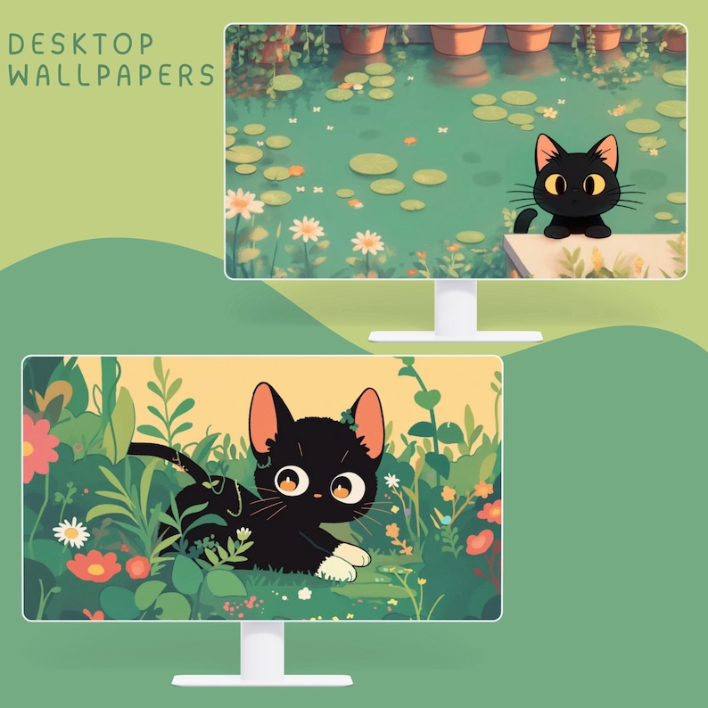 Kawaii Black Cat Wallpaper Bundle: Matcha Green Anime Art (digital ...