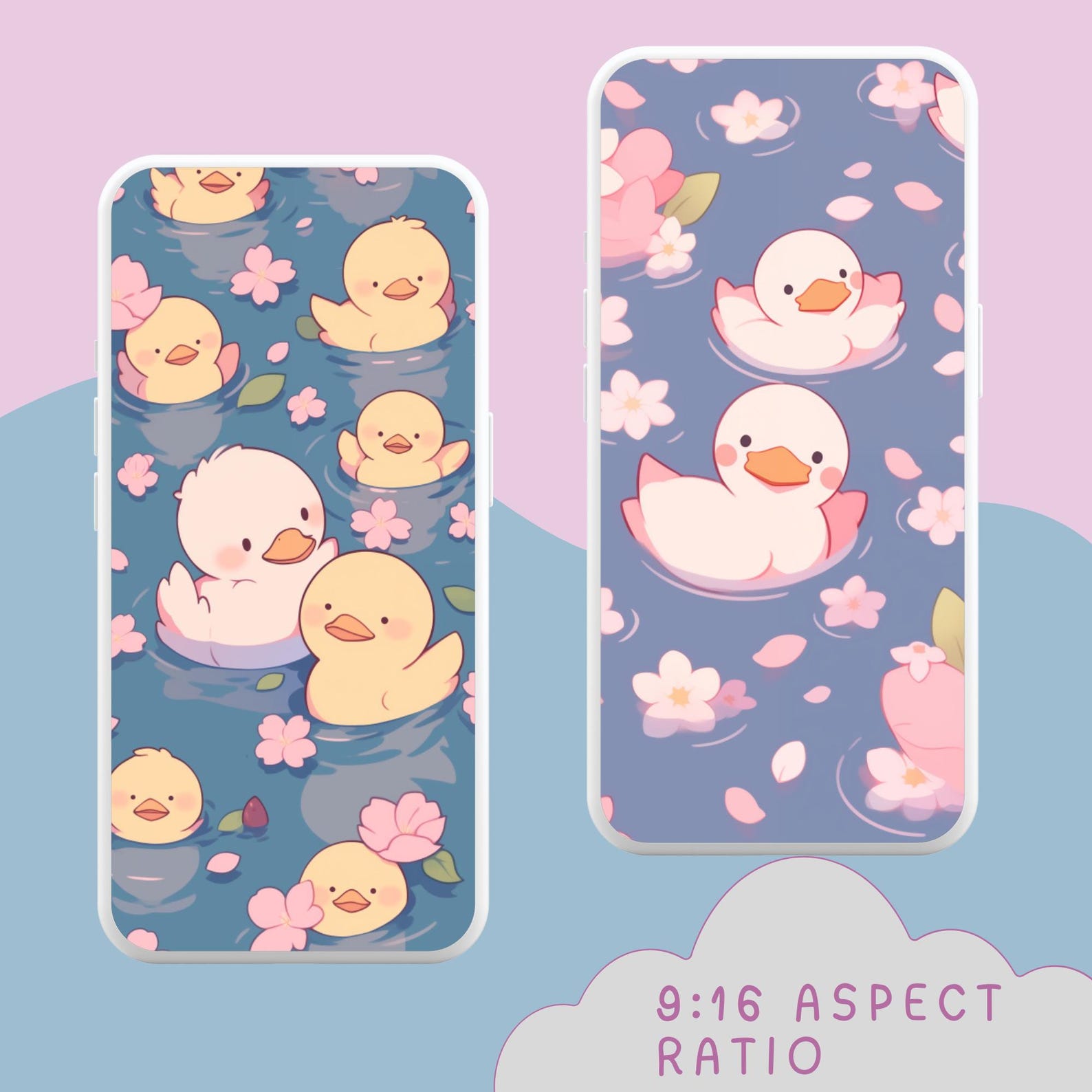 Sakura Ducks Wallpaper Set: Kawaii Anime Computer Background (digital ...