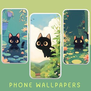 Kawaii Black Cat Wallpaper Bundle: Matcha Green Anime Art (digital ...