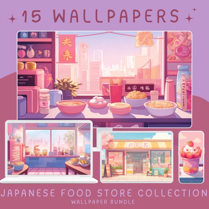 Japanese Food Store Wallpaper, Lofi Anime Desktop Background, Pink ...