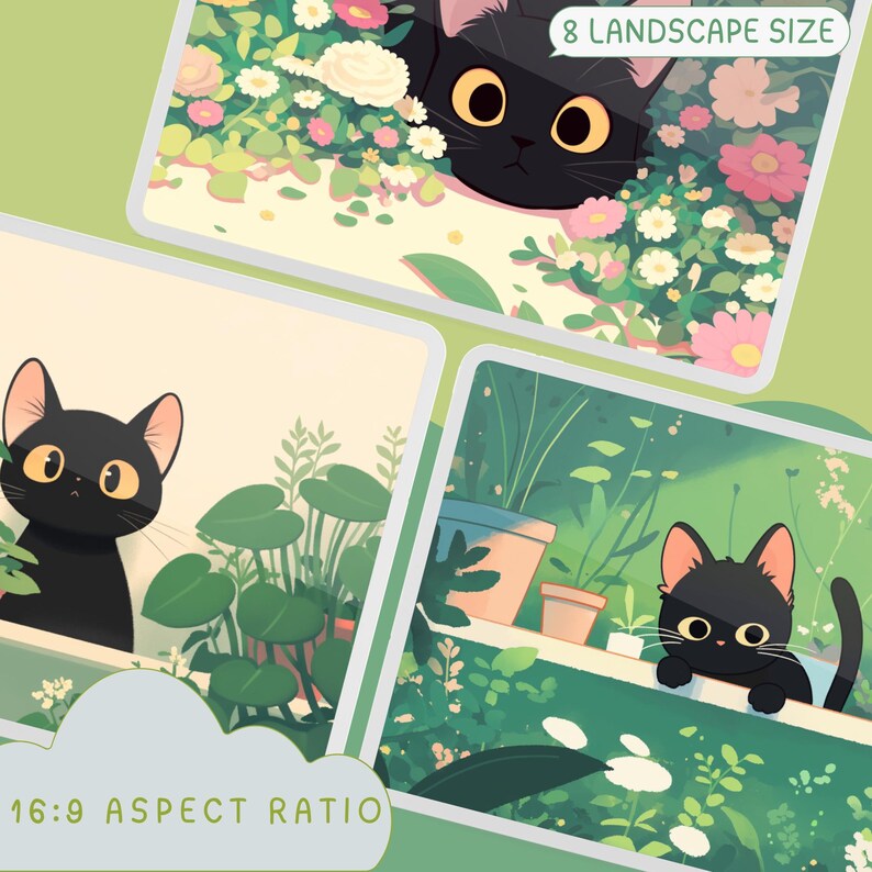 Kawaii Black Cat Wallpaper Bundle: Matcha Green Anime Art (digital ...
