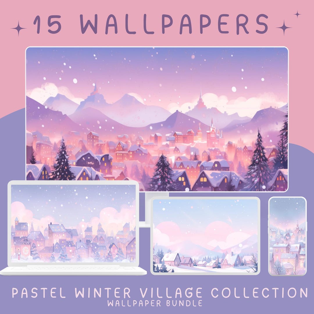Pastel Winter Village Wallpaper: Cozy Desktop & Phone Screensaver ...