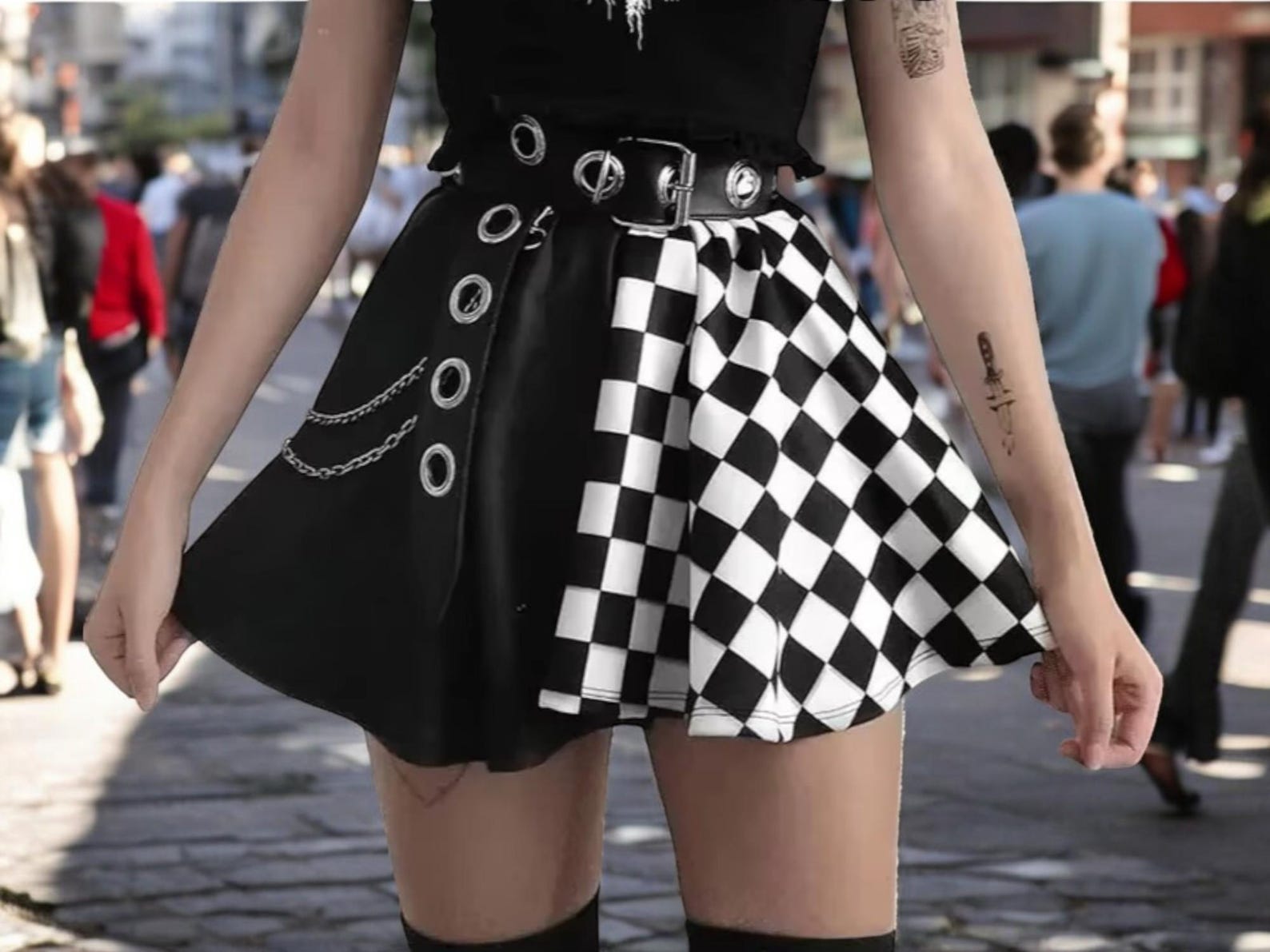 Goth Checkered Mini Skirt | Patchwork Pleated Hem | Punk Aesthetic High ...