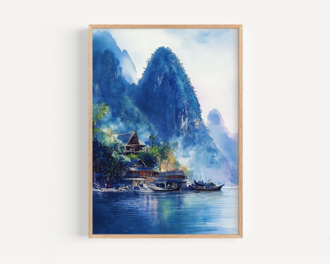 Nong Khiaw Watercolor Painting - Wall Art Print, Loas Poster, Laos ...