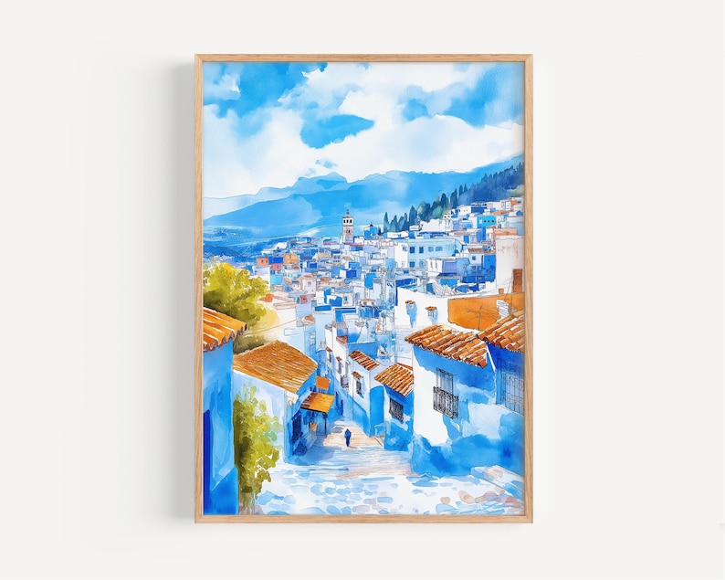Chefchaouen Watercolor Painting - Wall Art Print, Poster, Morocco ...